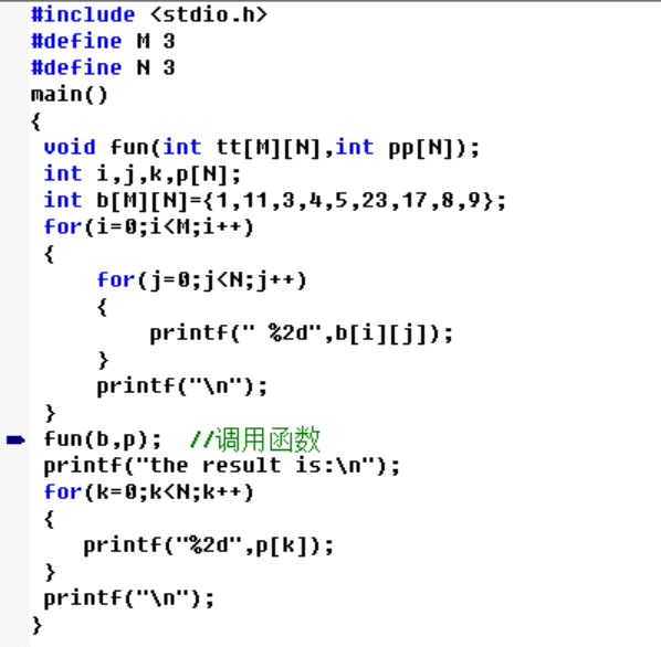 请编一个函数void fun(int tt[M][N],int pp[N])，tt指向一个M行N列的二维数组，求出二维数组每列中最小元素，并依次放入pp所指一维数组中。二维数组中的数已在主函数 ...