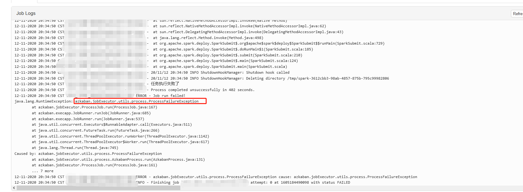 Azkaban运行sparksql报错：azkabanjobexecutorutilsprocess 