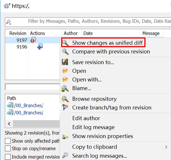 如何使用TortoiseSVN生成不同分支/历史日志的*.diff差异文件_show changes as unified diff-CSDN博客