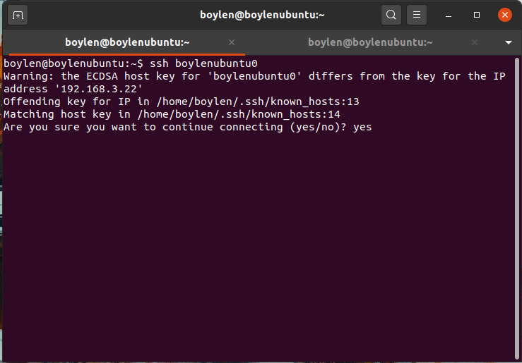 解决配置ssh免密时的错误：the ECDSA host key for ‘boylenubuntu0‘ differs from the key for the IP address-CSDN博客
