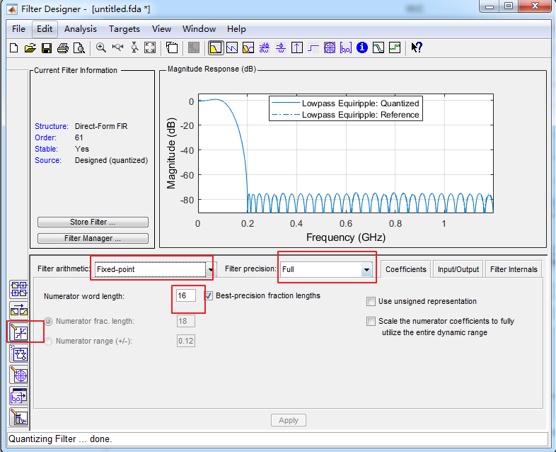 MATLAB生成FPGA COE文件之XILINX FPGA滤波器系数_fdatool numerator frac. length-CSDN博客