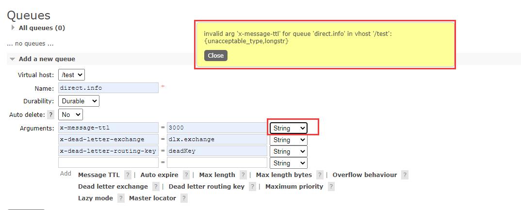RabbitMQ异常之reply-code=406, reply-text=PRECONDITION_FAILED - invalid arg ‘x-message-ttl‘ for ...