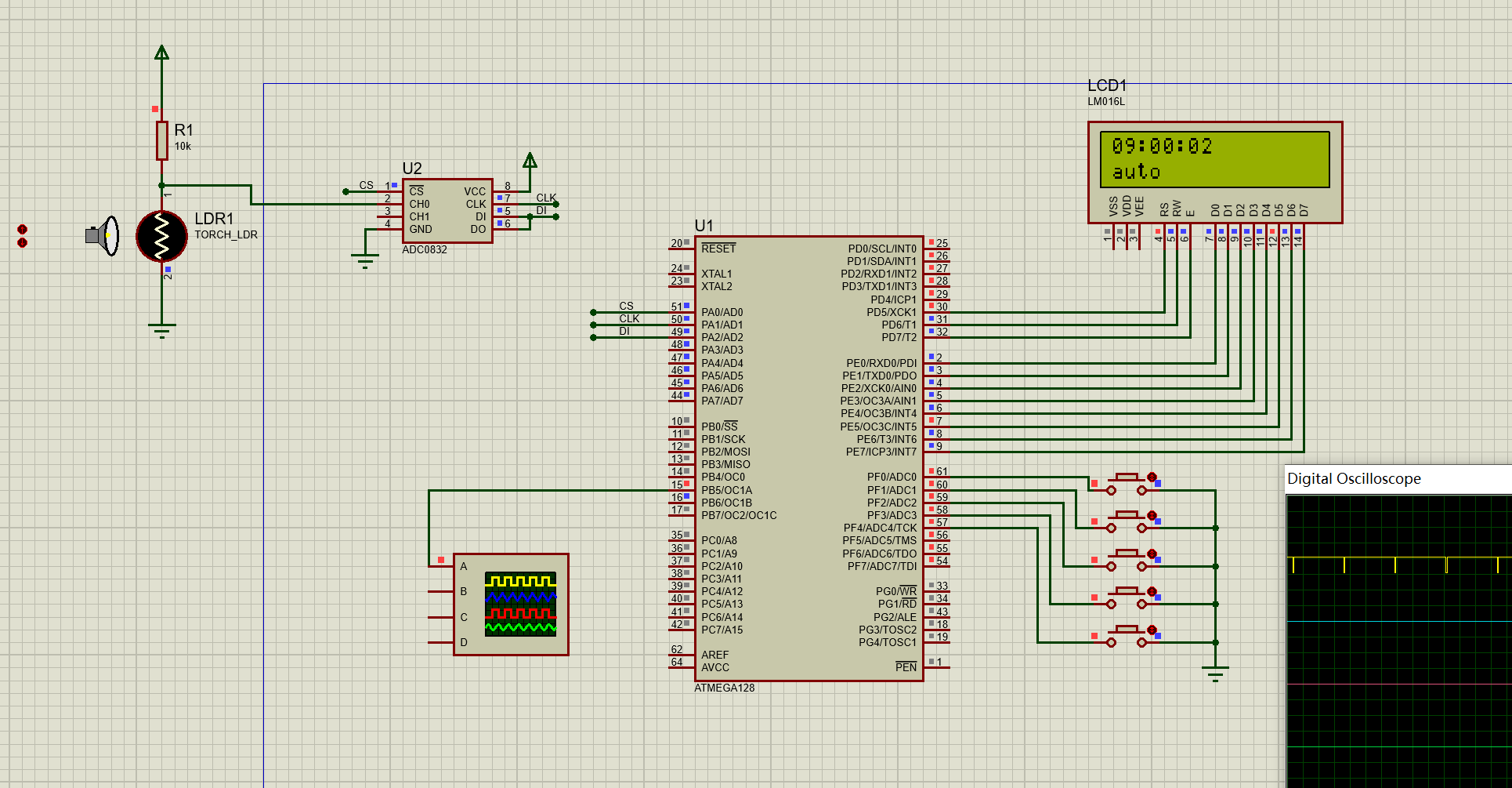 atmega128 单片机 智能 台灯 控制器 PWM ADC 时间 光敏电阻 proteus 仿真_atemga128通过单片机发送时间信息-CSDN博客