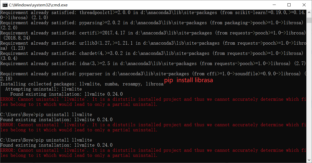 ERROR: Cannot uninstall ‘llvmlite‘. It is a distutils installed project and thus we cannot ...