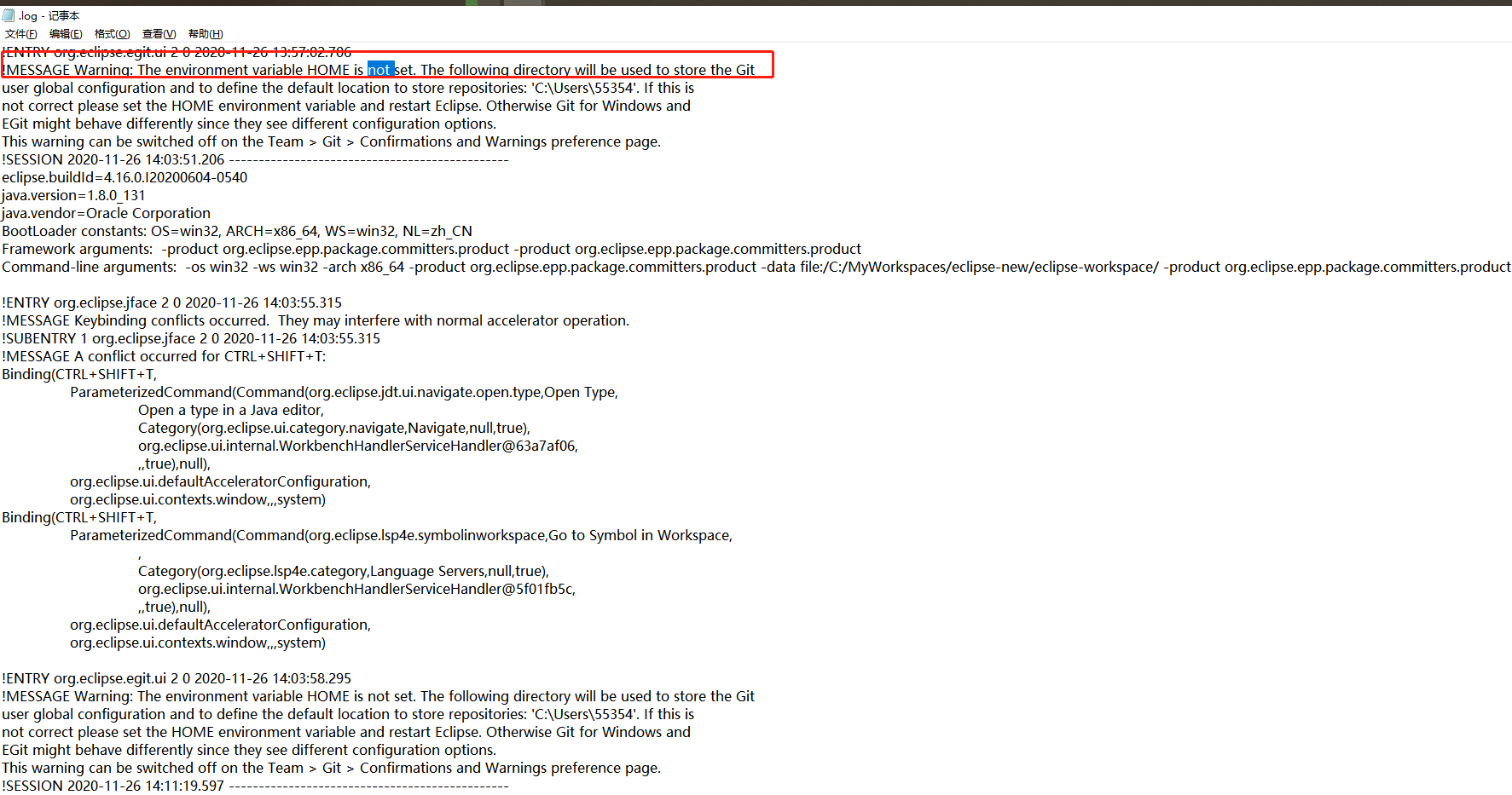 【Eclipse】启动时报.metadata\.log错误MESSAGE Warning: The environment variable HOME is not set._!message ...