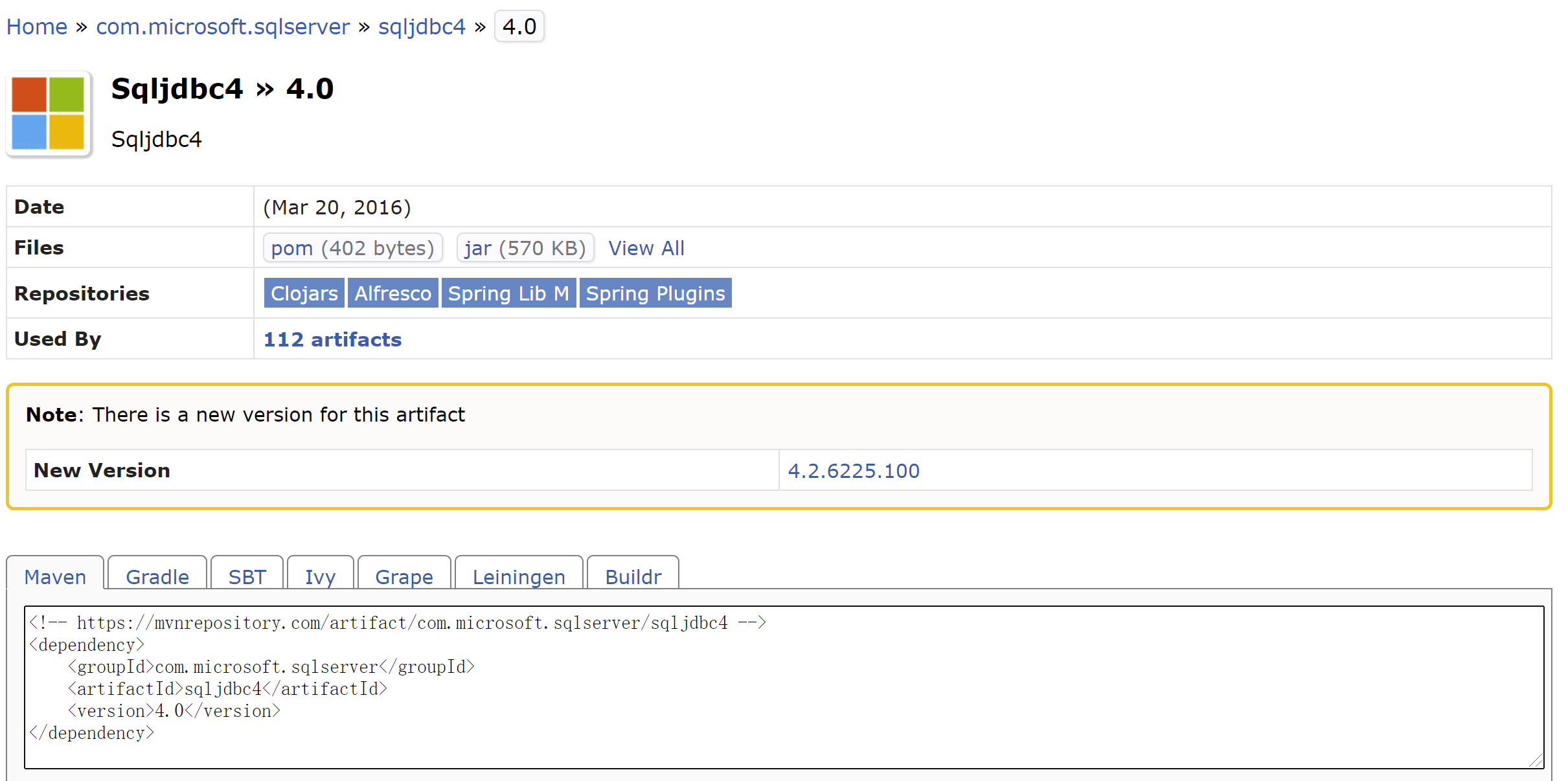 解决Missing artifact com.microsoft.sqlserver:sqljdbc4:jar:4.0问题_未解析的依赖项: 'com.microsoft.sqlserver ...