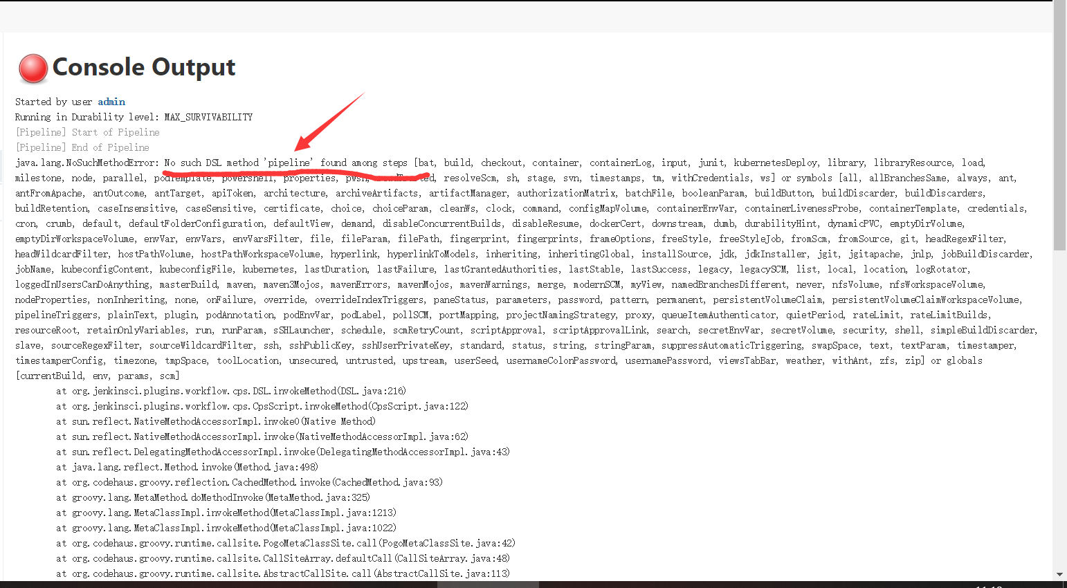 Jnekins 缺少Pipeline插件 流水线报错 at org.jenkinsci.plugins.workflow.cps.DSL.invokeMethod(DSL.java:216 ...