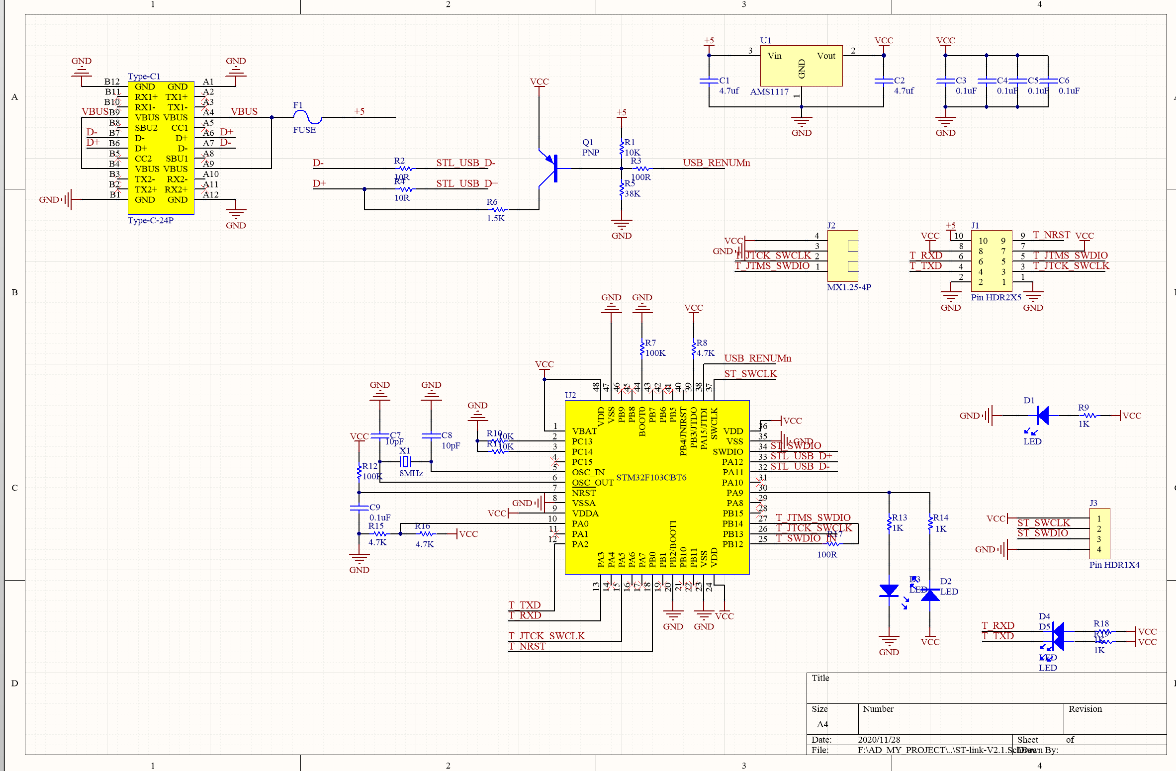 ST-LINK V2.1 制作（含源码及其原理图）（type-c接口）可以配合robomaster 开发板下载口或者直接用杜邦线连接下载，支持串口调试_stlink原理图-CSDN博客