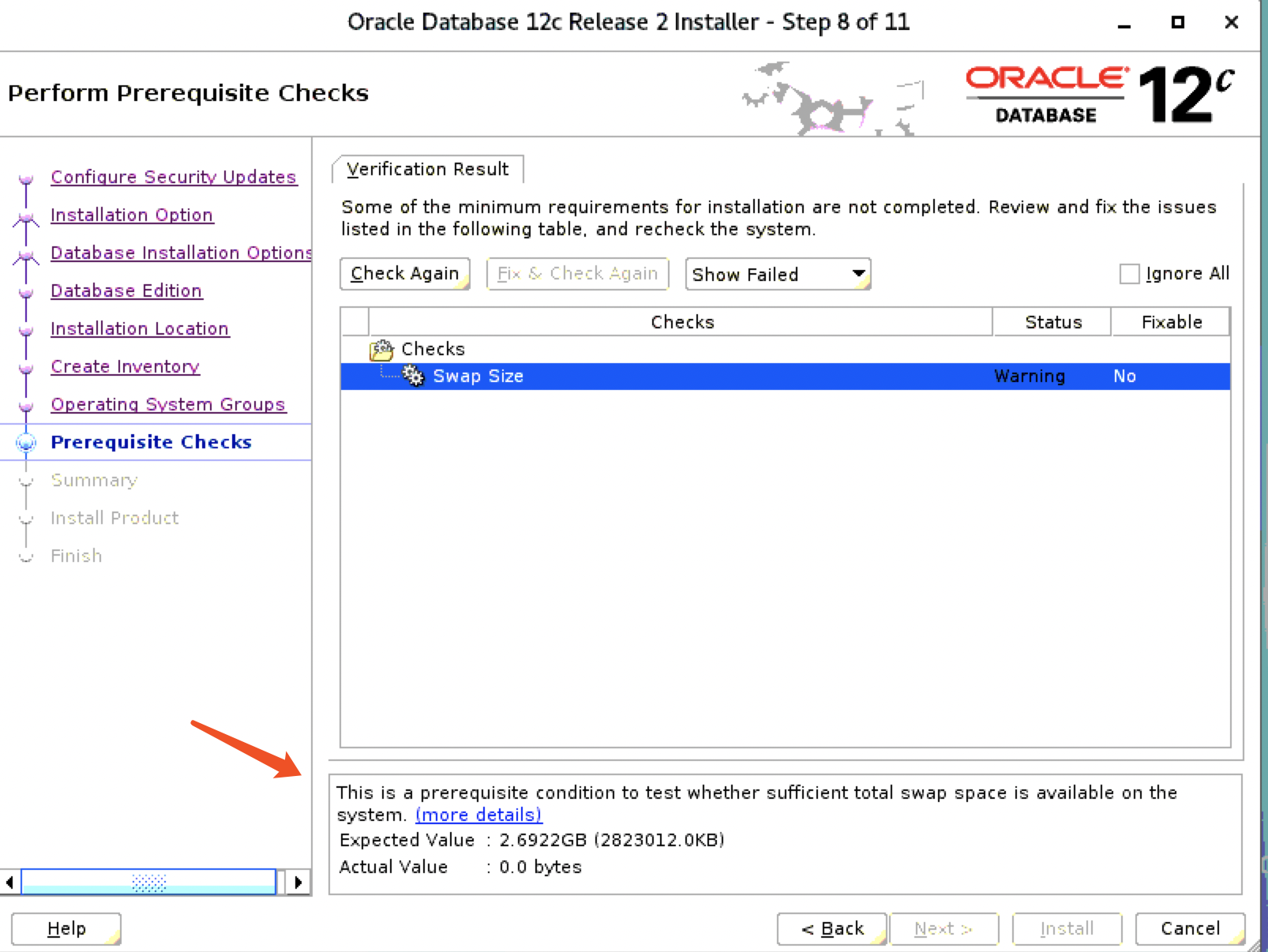 安装Oracle数据库报SWAP空间不足的处理方法_centos7.3安装oracle012c卡在swap size no-CSDN博客