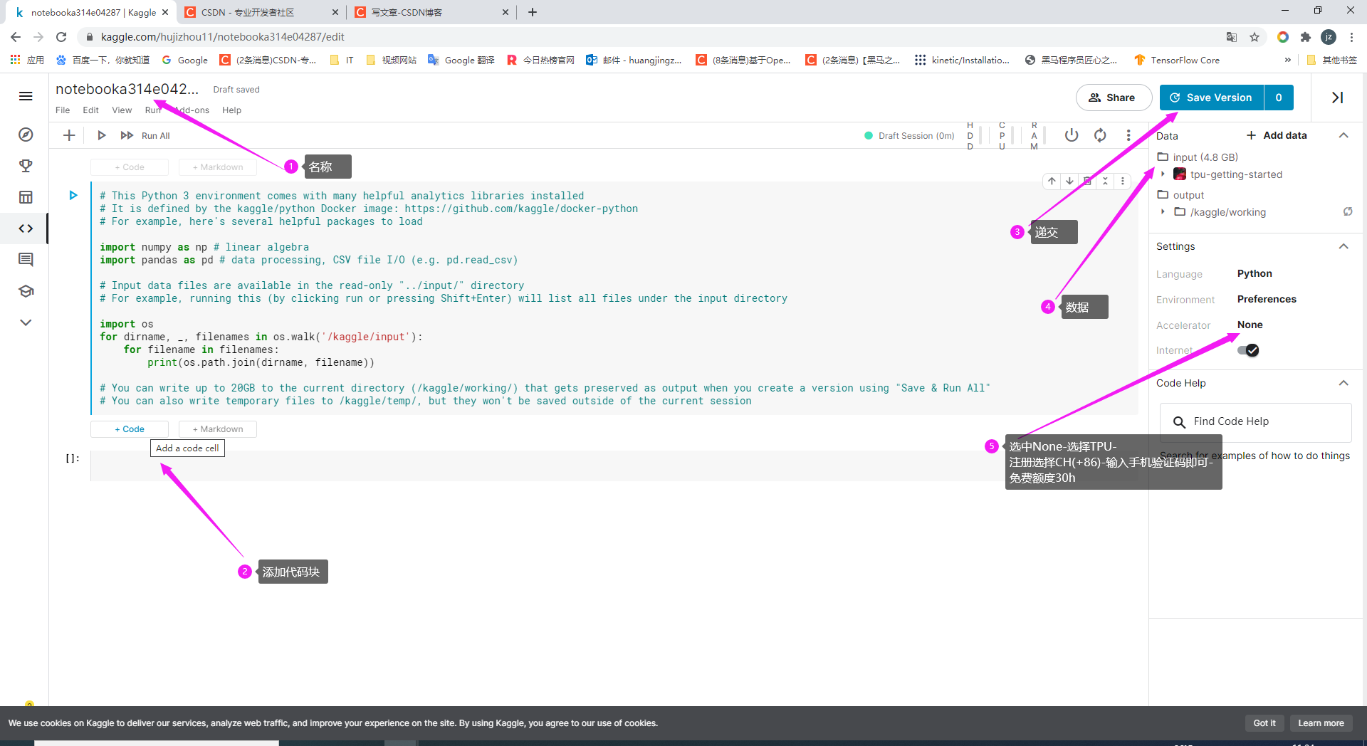 如何使用kaggle免费30个小时的TPU_kaggle上怎么对pytorch怎么查看tpu-CSDN博客