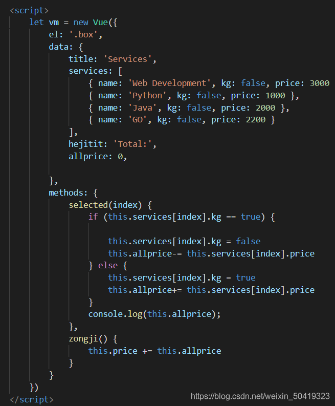 小陈学vuejs 案例:合计总价 1、使用 V For 遍历数据显示列表效果使用 V On 绑定 Click 事件当我们 点击列表 Csdn博客 3958