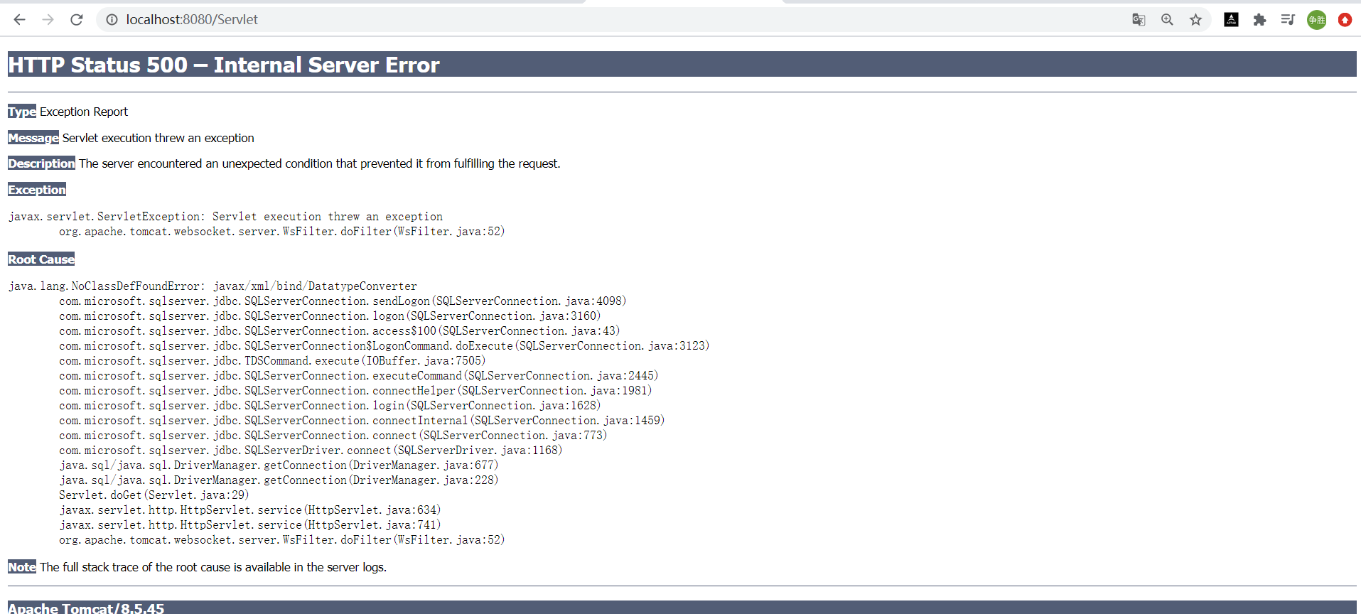 JavaWeb通过JDBC连接SQLServer数据库 报错(java.lang.NoClassDefFoundError: javax/xml/bind/DatatypeConverter ...