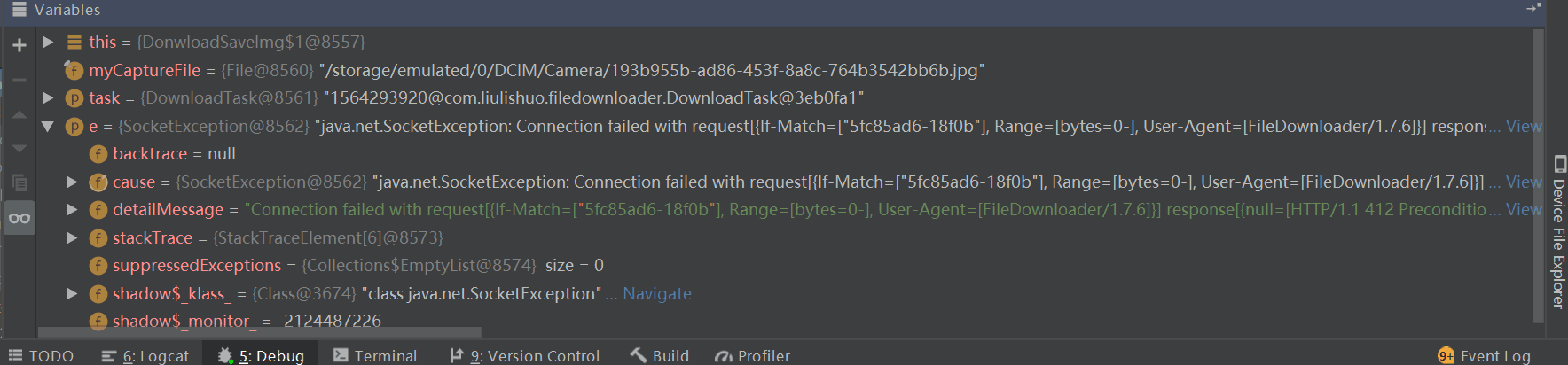 下载资源失败：FileDownloader http-state[412] {If-Match=_connection failed with ...