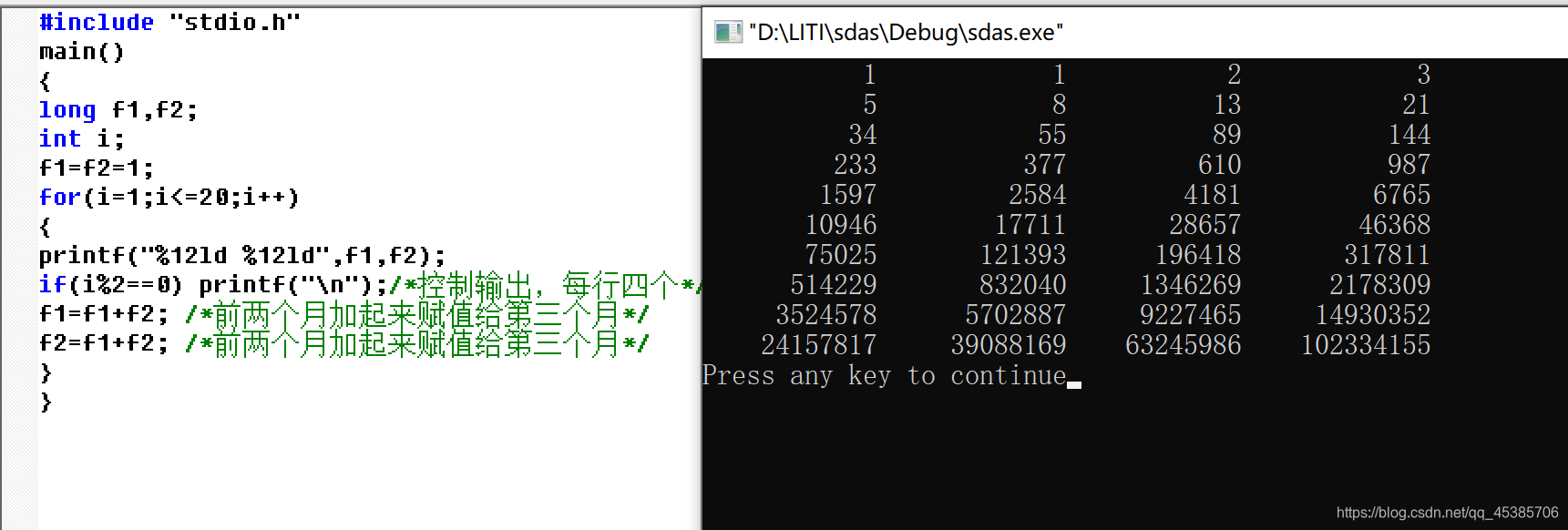 C语言编程>第二周 ③ 古典问题:有一对兔子,从出生后第3个月起每个月都生一对兔子,小兔子长到第三个月后每个月又生一对兔子,假如兔子都不死,问每个月的兔子总数为多少?c语言一对兔子从出生后