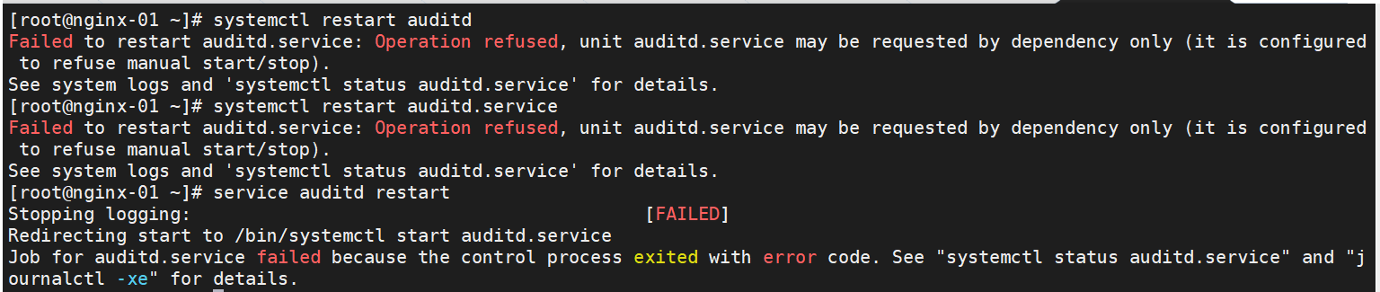 auditd.service control process exited linux审计服务启动失败_job for auditd.service failed because the ...