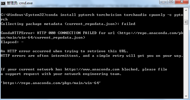 解决：CondaHTTPError: HTTP 000 CONNECTION FAILED for url ＜https://repo.anaconda.com/pk gs/main/win ...