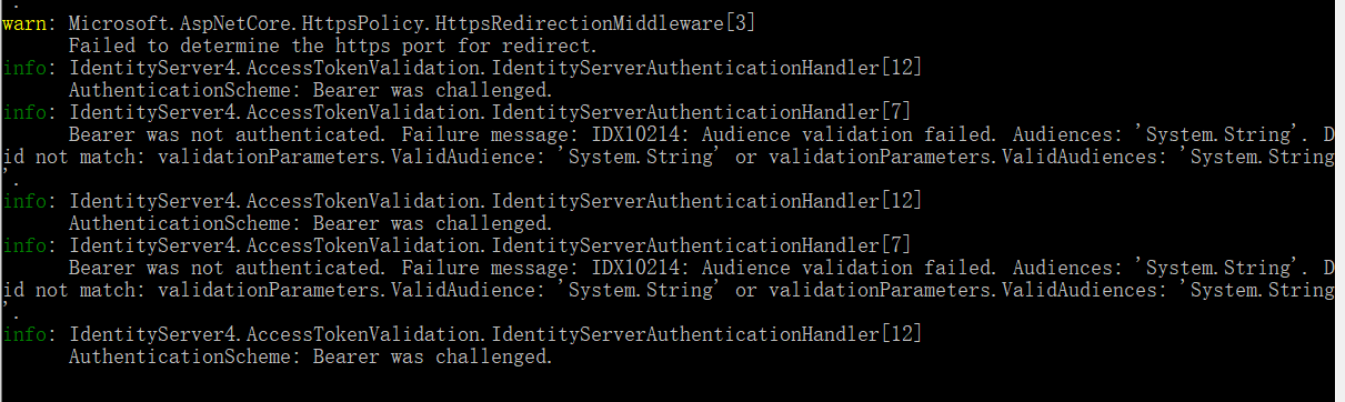IdentityServer4 请求api验证token时报：401 “IdentityServer4 AuthenticationScheme: Bearer was challenged ...
