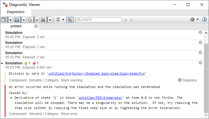Derivative of state ‘1‘ in block ‘untitled/PID/Integrator‘ at time 0.0 is not finite._derivative ...