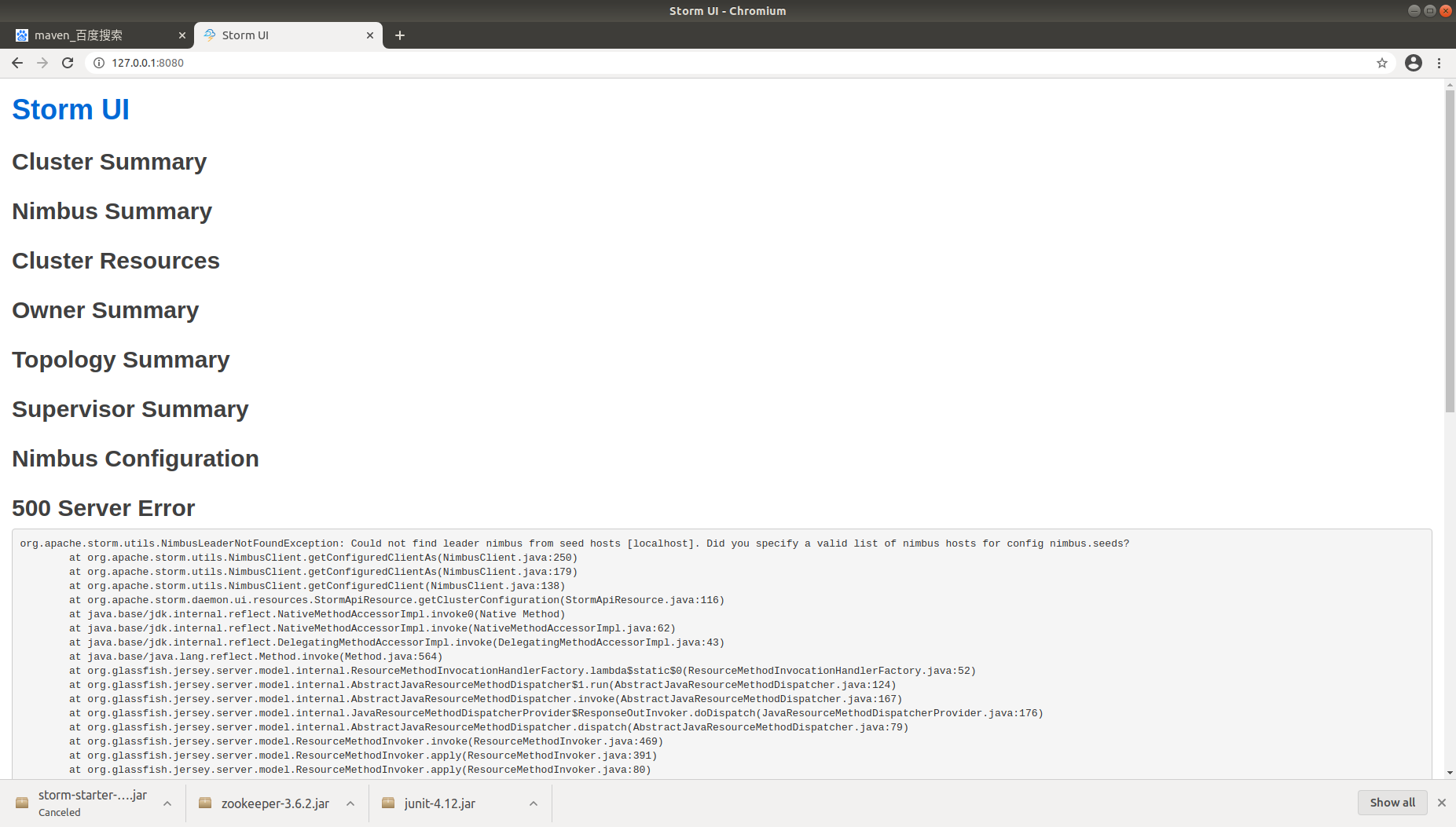 解决打开Storm UI显示Could not find leader nimbus from seed hosts [localhost] Did you specify a valid ...