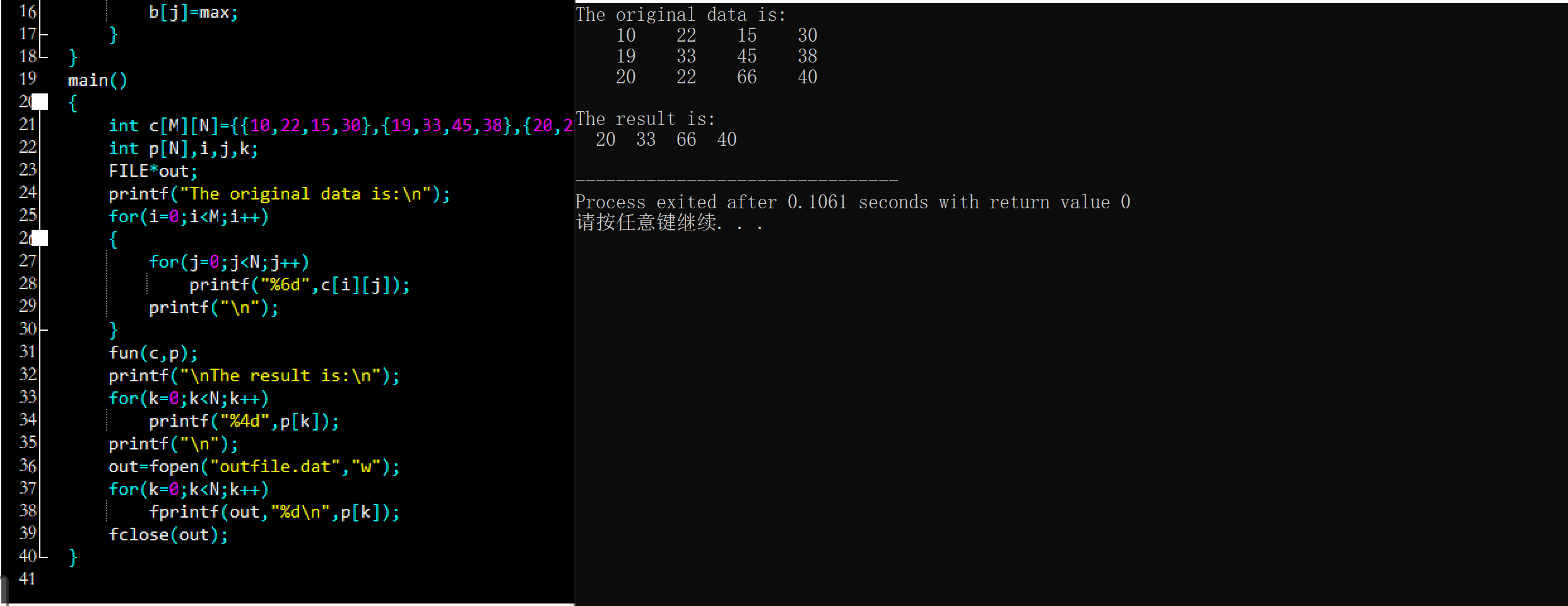 C语言编程＞第七周 ⑧ 请编一个函数void fun(int a[M][N],int b[N])，c指向一个M行N列的二维数组，求出二维数组每列中最大元素，并依次放入b所指一维数组中。_第二题 ...