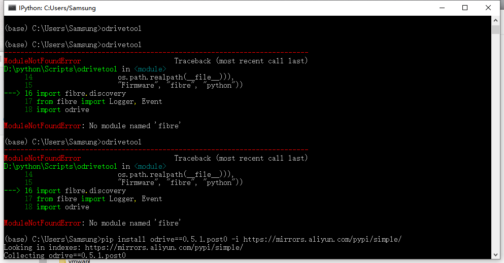 启动odrivetool时报错ModuleNotFoundError Traceback (most recent call last ...