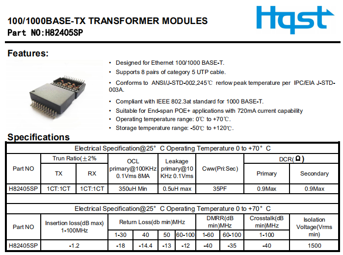 PULSE H6062NL MNC H2474CG HQST H82405SP 千兆POE+720MA网络变压器 和建议的芯片配置 ...