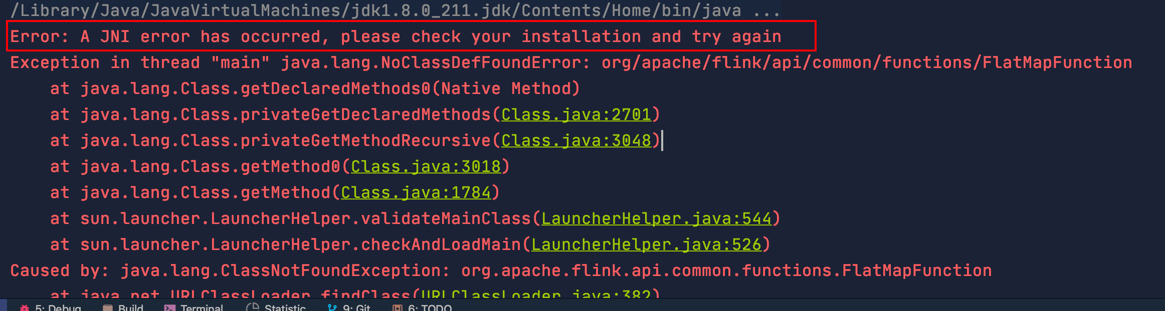 Flink测试 - 编译报错 - Error: A JNI error has occurred, please check your installation and try again ...
