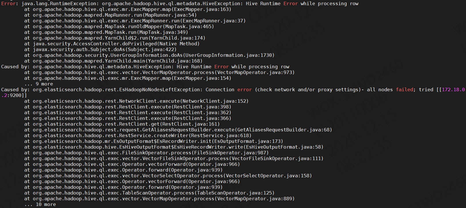 使用Hive向Elasticsearch中导入数据时报错_org.elasticsearch.hadoop.rest.eshadoopnonodeslefte-CSDN博客