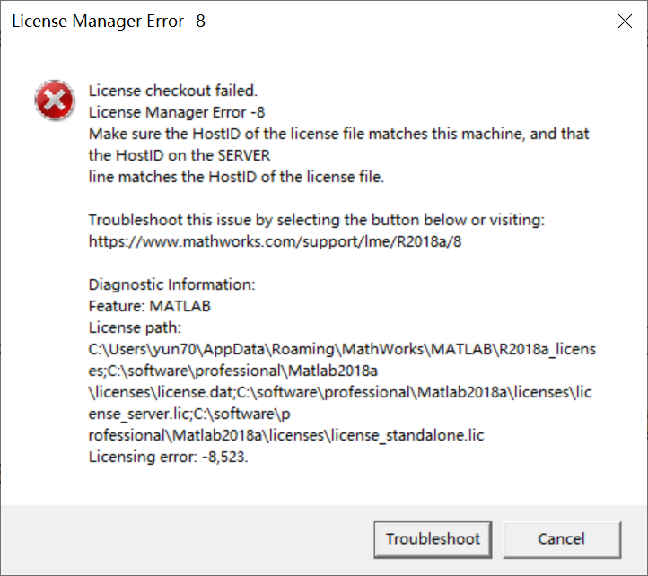 安装MatlabR2018a后遇到“Licence Manager Error -8”的解决方案_license manager error -8-CSDN博客