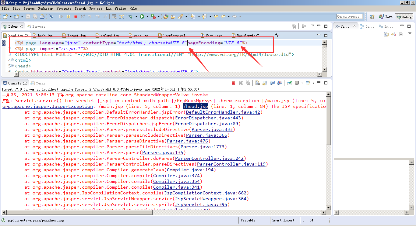 The JSP specification requires that an attribute name is preceded by ...