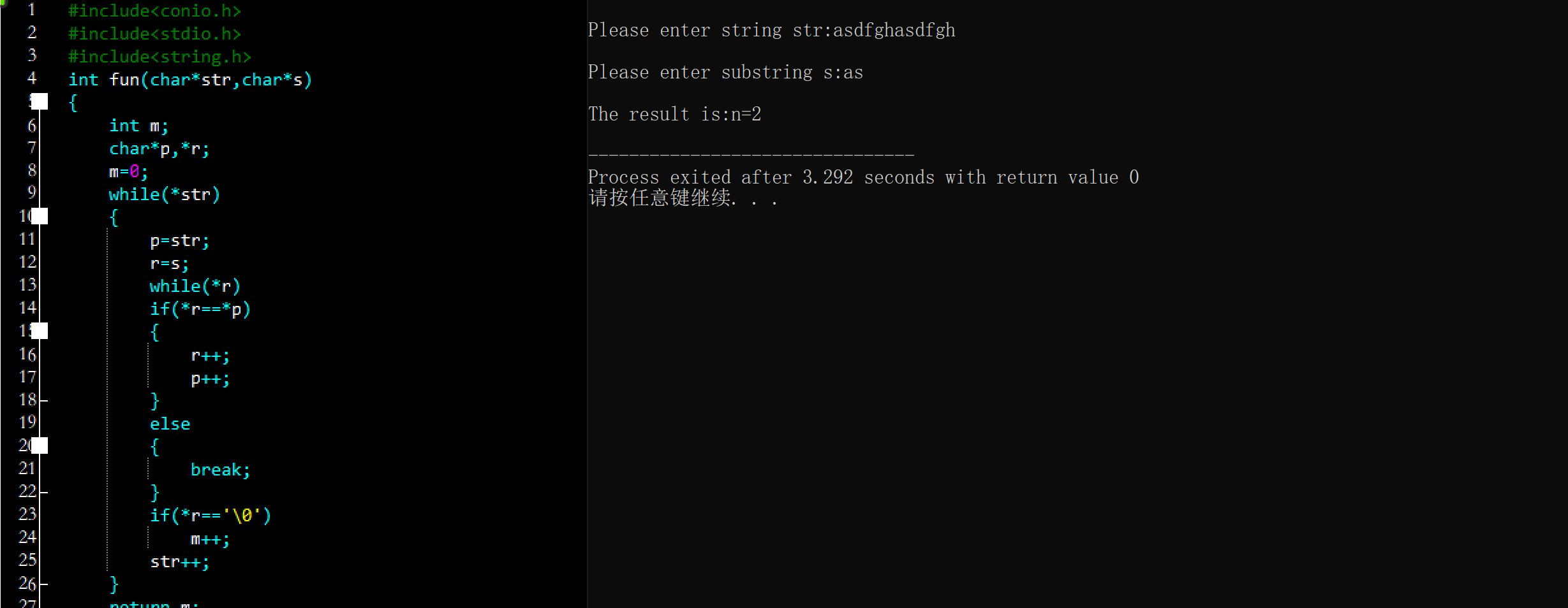 C语言编程＞第十七周 ② 下列给定程序中，函数fun的功能是：从str所指字符串中，找出s所指子串的个数作为函数值返回。_下列给定程序中,函数fun()的功能是:从s所指字符串中,找出t所指 ...