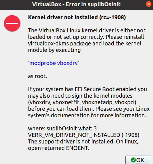 Virtualbox “Kernel driver not installed (rc=-1908)”修复_kernel driver not installed (rc=-1908) the ...