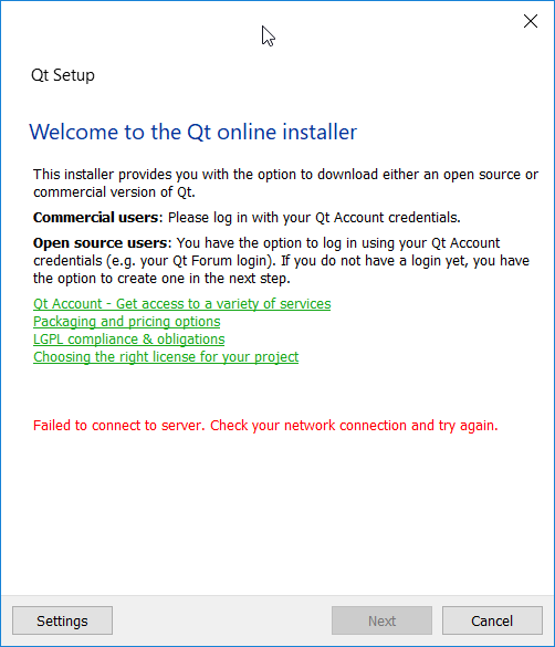 Qt6.0 安装过程无法连接网络问题解决 (Failed to connect to server. Check your network connection and try again ...