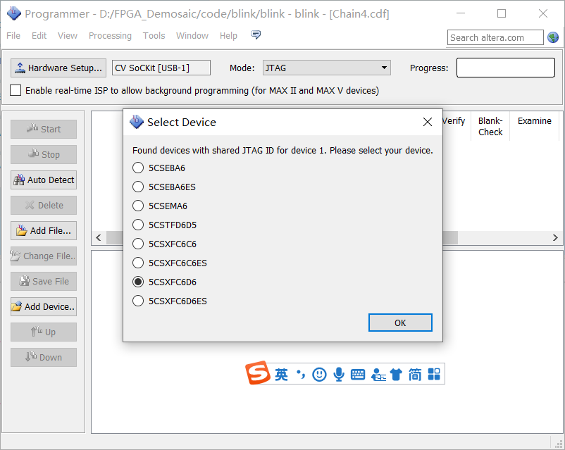 SoCKit下载程序报错Error (209031)或Error (209015): Can‘t configure device. Expected JTAG ID code ...