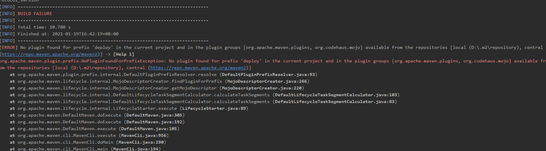Maven deploy 上传jar包至私服报错： No plugin found for prefix ‘deploy‘ in the current project and in the ...