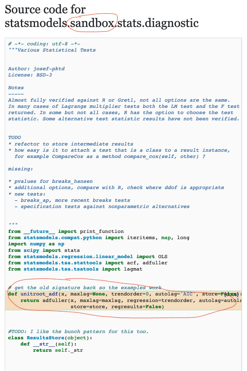 Statsmodels遇到的坑之：from statsmodels.stats.diagnostic import unitroot_adf_from statsmodels.tsa ...