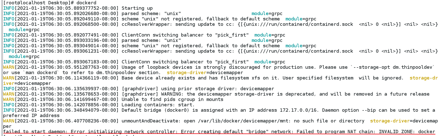 Centos7安装Docker后无法启动:Failed to program NAT chain: INVALID_ZONE: docker_error creating default ...