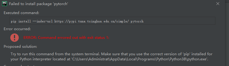 pycharm安装配置pytorch错误问题解决方案(Try to run this command from the system terminal. Make sure that you ...