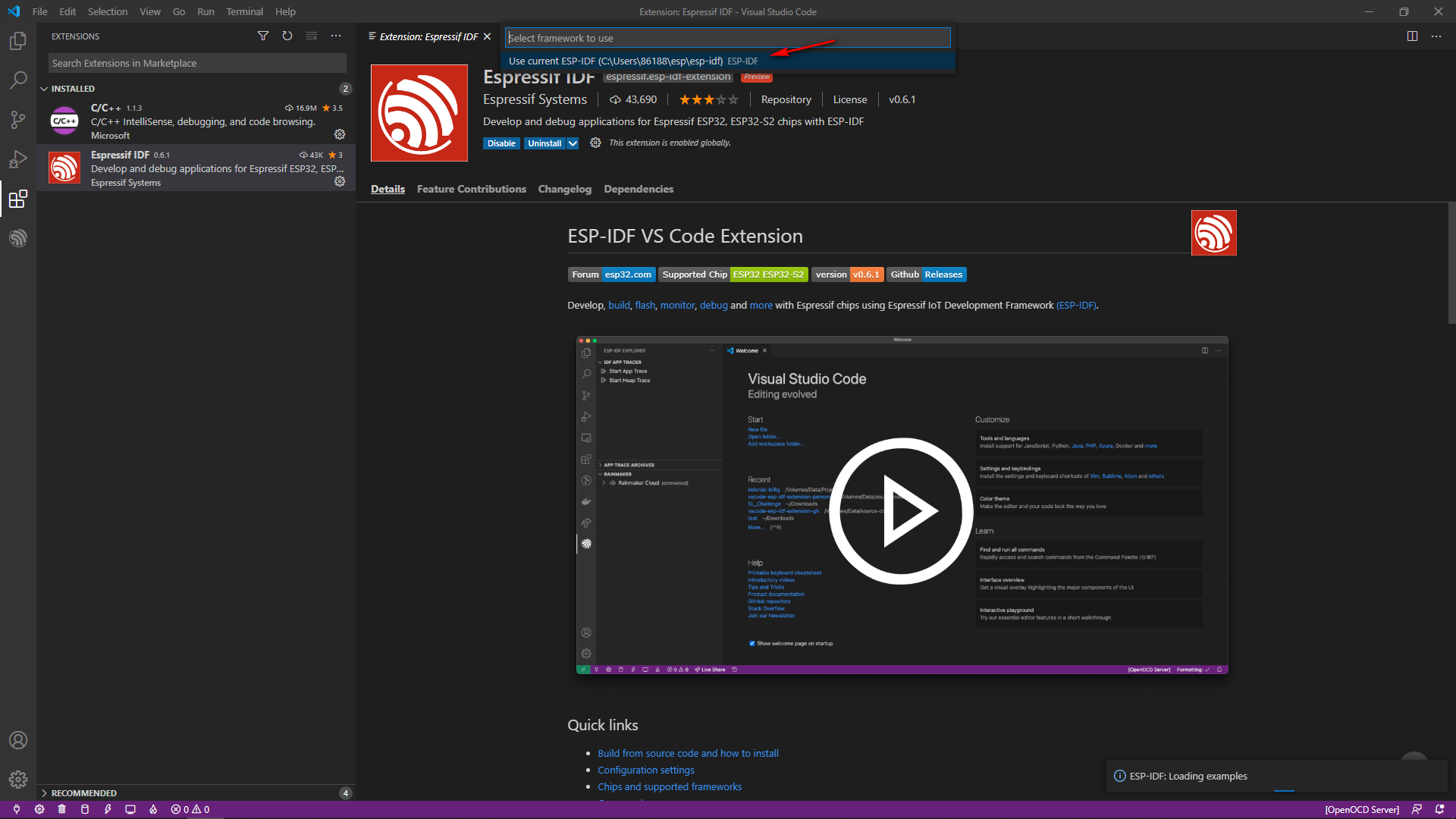 在 VS Code 中安装 ESP-IDF、新建项目_no framework selected to load examples.-CSDN博客