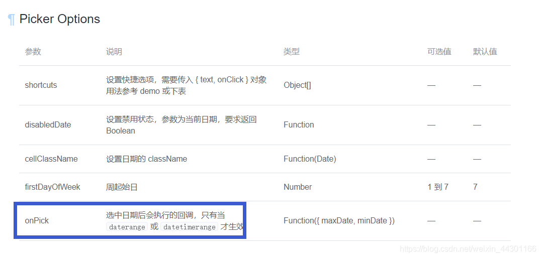 Vue Element Datepicker日期选择器 选中开始时间,自动选中结束时间(开始时间加7)并且关闭时间控件下拉框,使用pickeroptions对象中 Onpick()方法 El