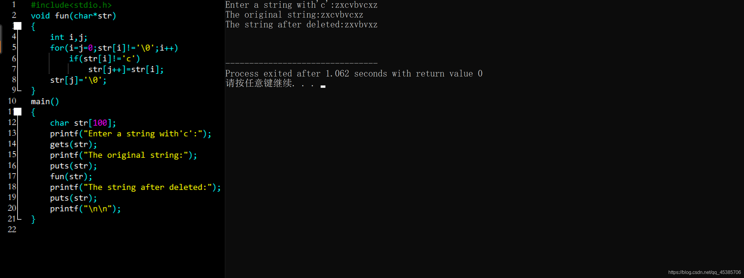 C语言编程>第二十六周 ⑦ 下列给定程序中,函数fun的功能是:从字符串s中删除所有小写字母 “c”。从字符串s中删除所有小写字母c
