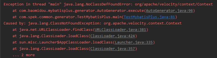 解决Mybatis Plus代码自动生成时报错： Caused by: java.lang.ClassNotFoundException: org.apache.velocity ...