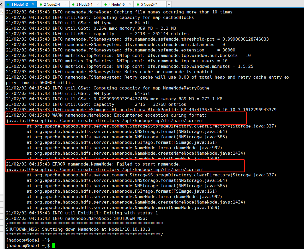 hdfs namenode -format 报错 Failed to start namenode. Encountered exception during format._failed ...