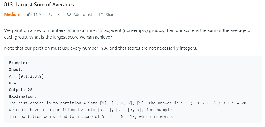  leetcode 813 Largest Sum Of Averages yeah CSDN 