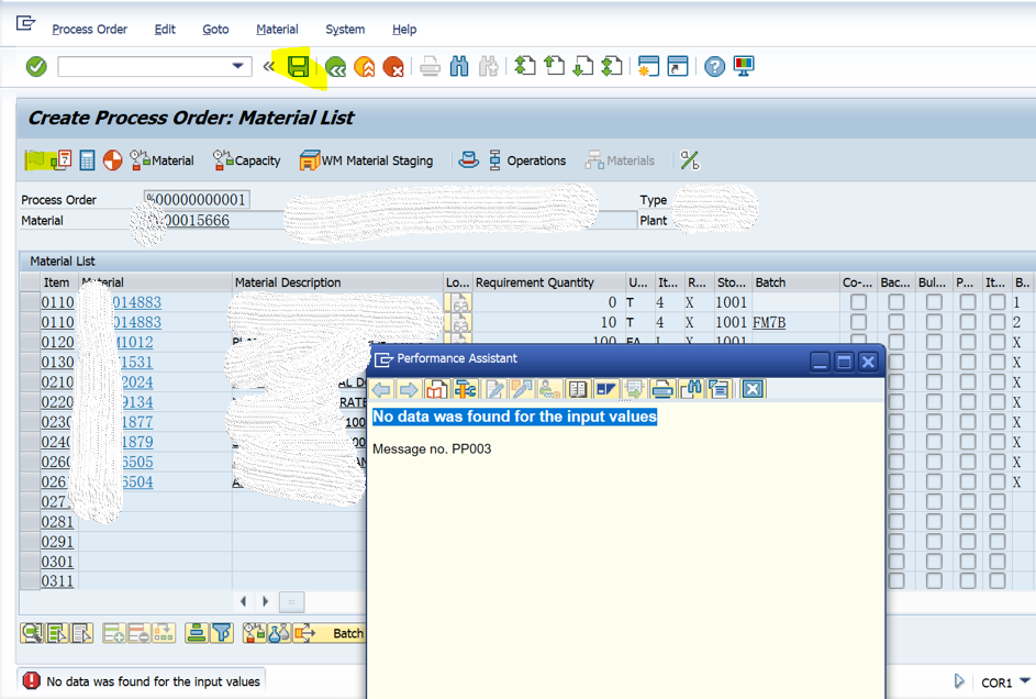 SAP PP COR1事务里下达工单，保存时报错：No data was found for the input values_sap会计凭证 ...