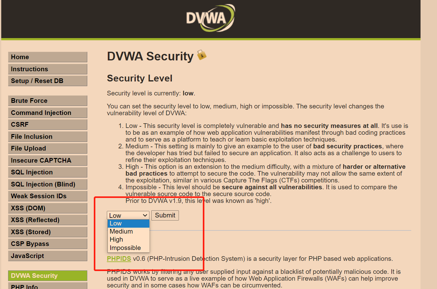 DVWA1.9 如何更改安全级别_提示:修改dvwa级别位于dvwa页面侧面导航栏dvwa security中 级别:security-CSDN博客