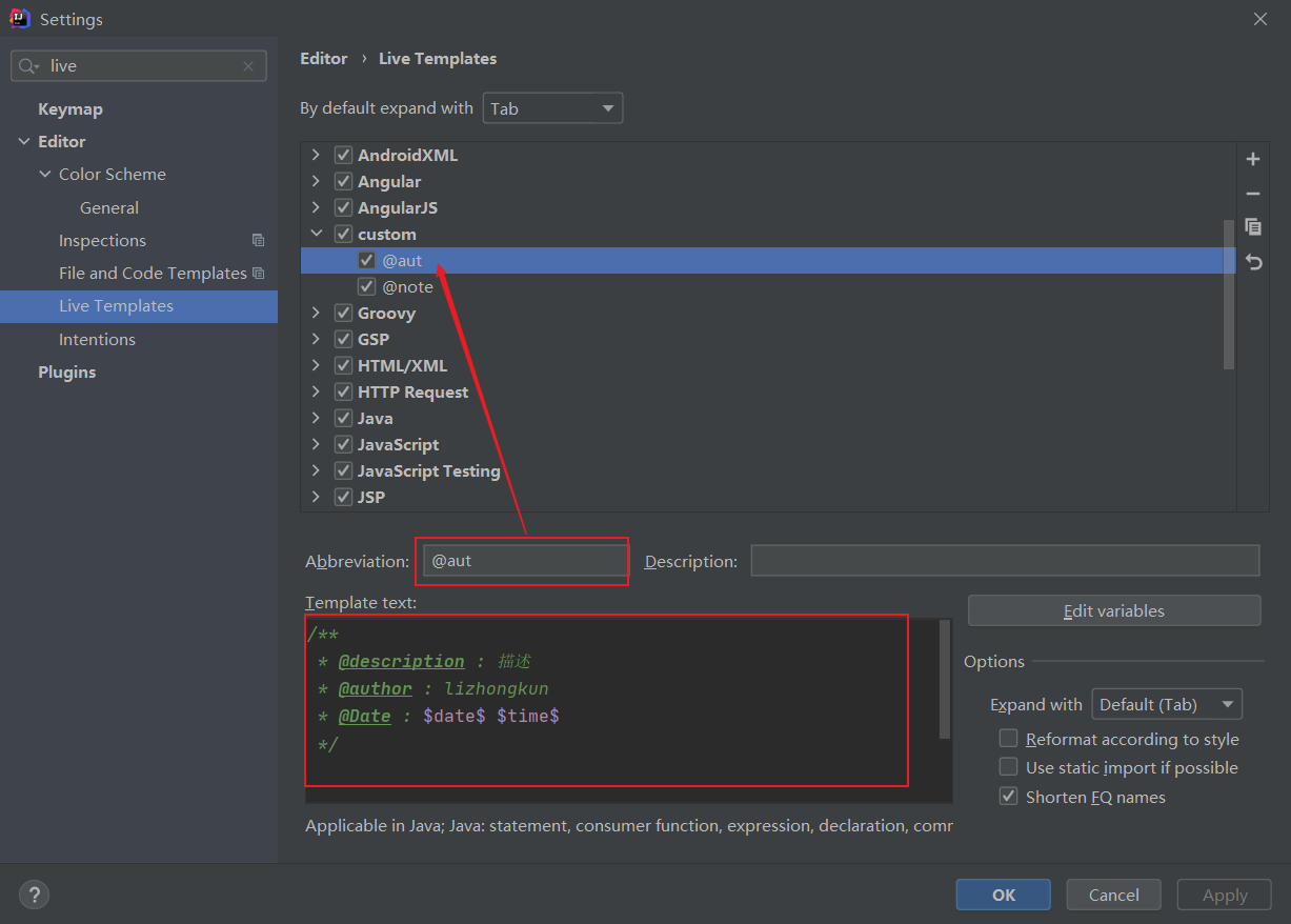 IDEA通过live template制作添加作者时间等注释快捷键_idea live template date time-CSDN博客