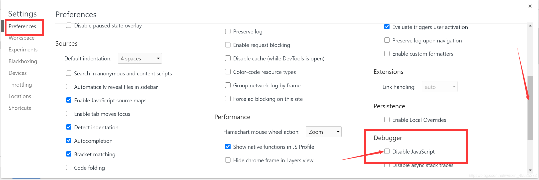 在chrome浏览器中禁用javascript 检查里面的preferences 的debugger在哪里 Csdn博客