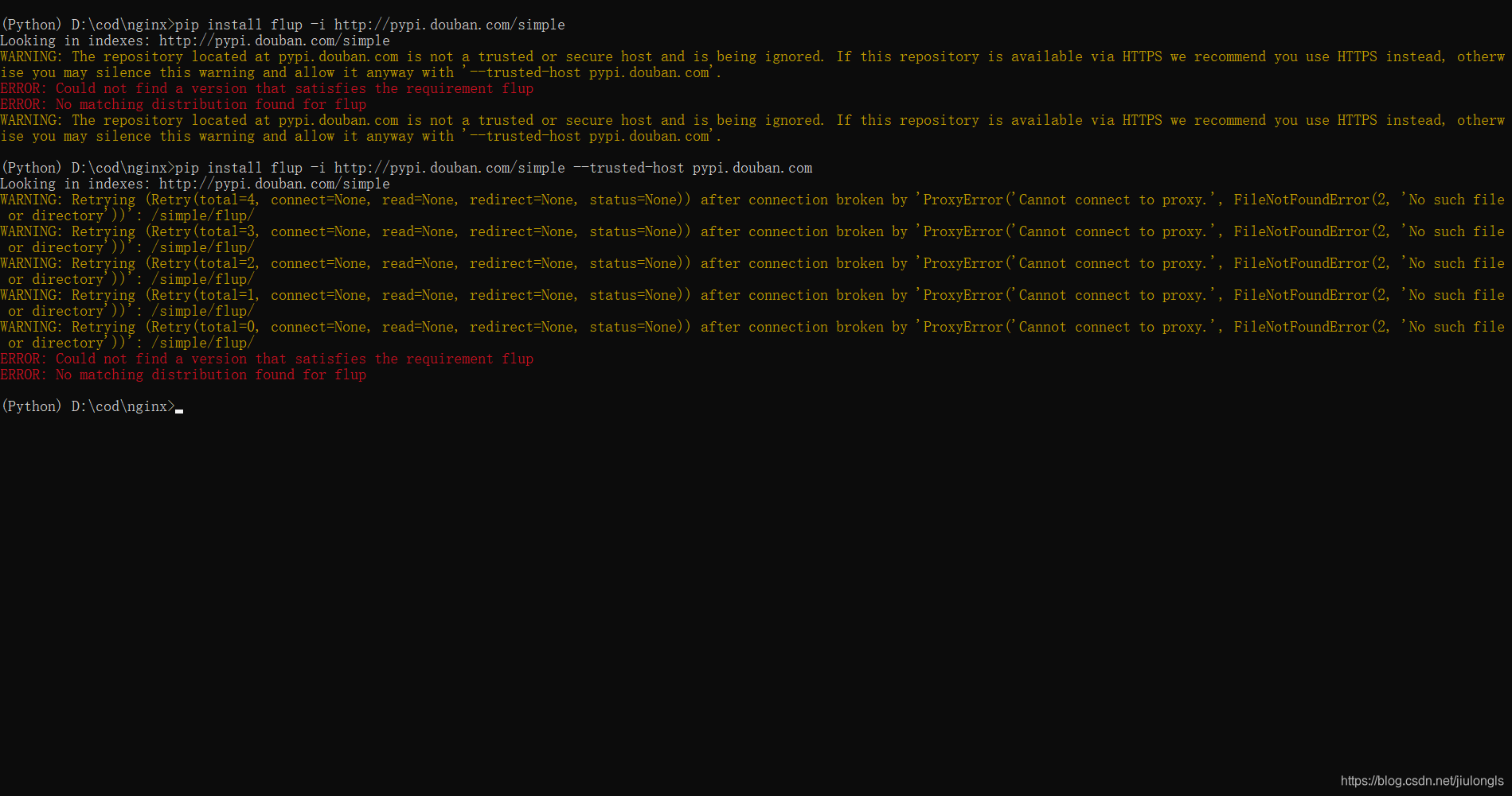 在python中安装包出现retrying Retry Total 4 Connect None Read None Redirect None Status None