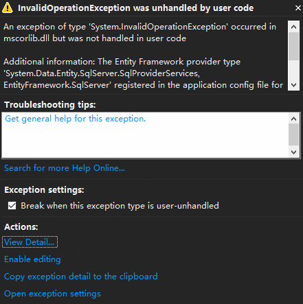 The Entity Framework provider type ‘System.Data.Entity.SqlServer.SqlProviderServices ...